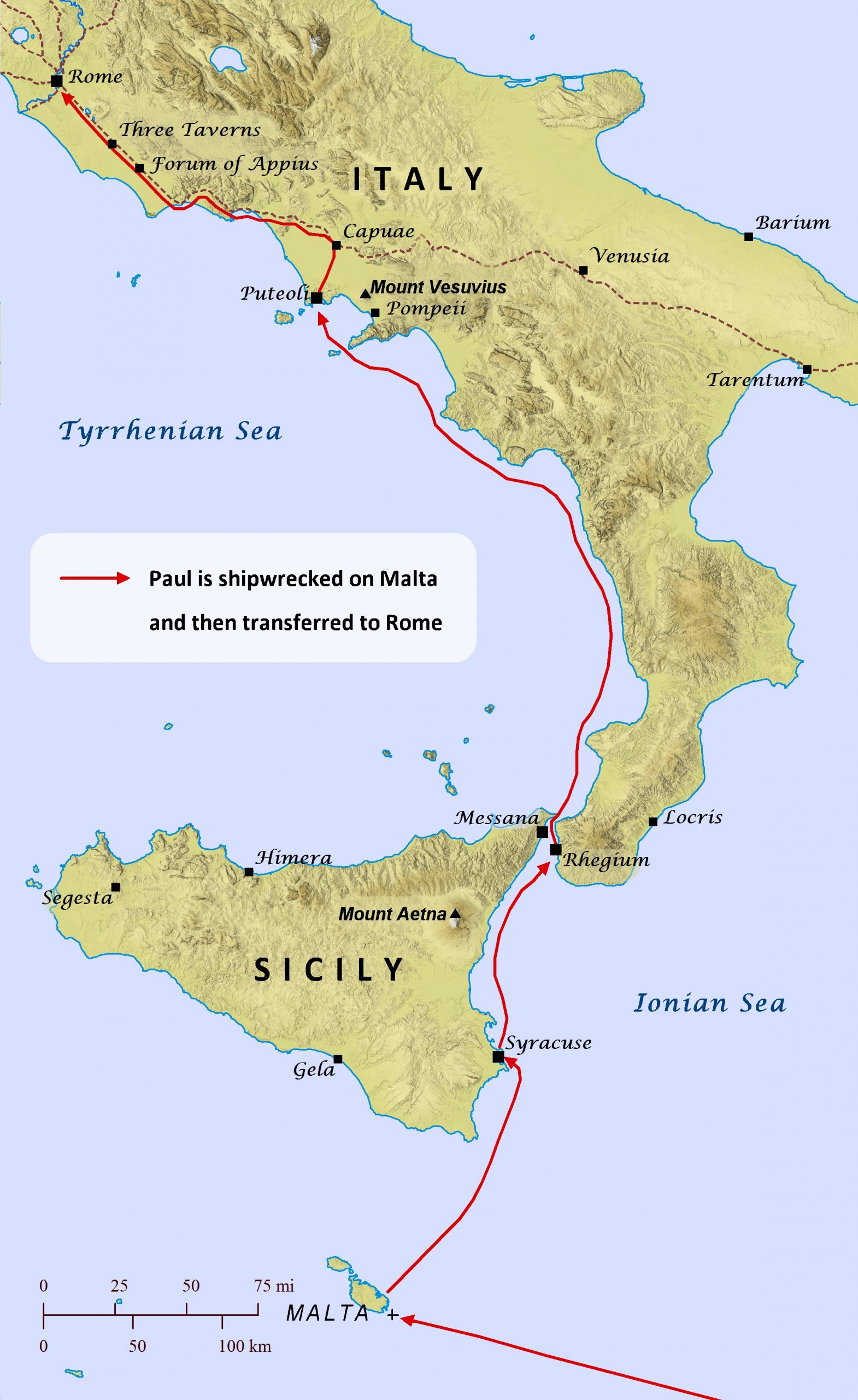 Paul Travels from Malta to Rome – Bible Mapper Atlas